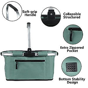 SIYUAN Picnic Basket, 22L Folding Shopping Basket Strong Aluminum Frame Camping Grocery Bags, Leak-Proof Travel Basket Easy Storage Market Basket,1 Pack,Green