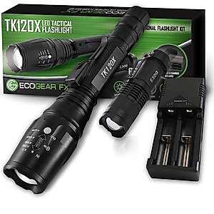 EcoGear FX Zoomable LED Tactical Flashlight Kit TK120X: 5 Light Modes, High Lumen Output, Water Resistant for Security & General Home Use - Batteries and Charger Included