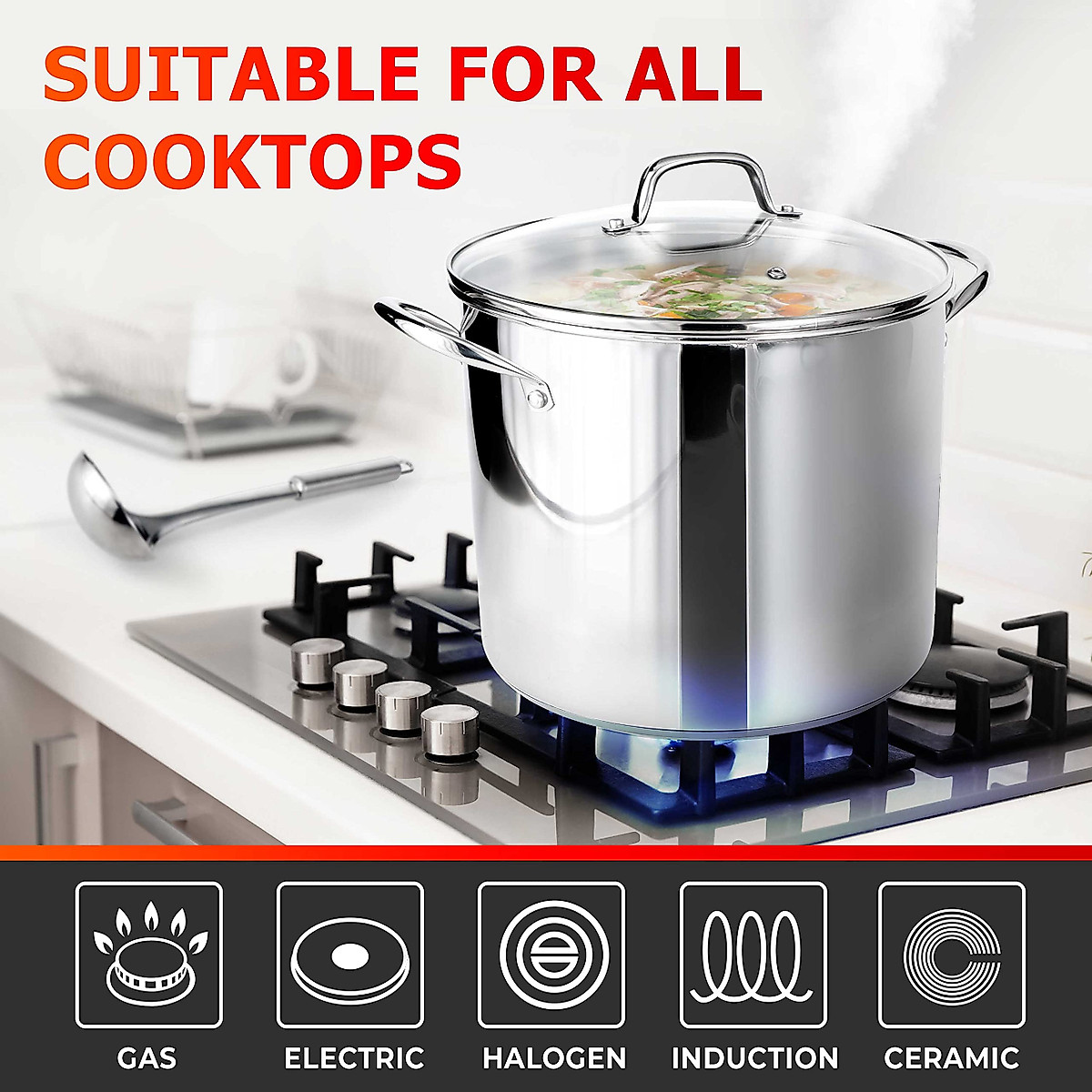 16QT UltraClad Tri-Ply Stainless Steel Cooking Stock Pot with Lid and Ladle, Large Pot Capacity for Soup, Broth, Chili, Casserole, Stew, Induction, Oven and Dishwasher Safe Pot