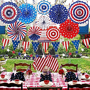 4th of July Decorations Patriotic Decorations 24Pcs Set - American Flag Party Supplies Red White Blue Paper Fans, USA Flag Pennant, Star Streamer, Hanging Swirls for National Election Day