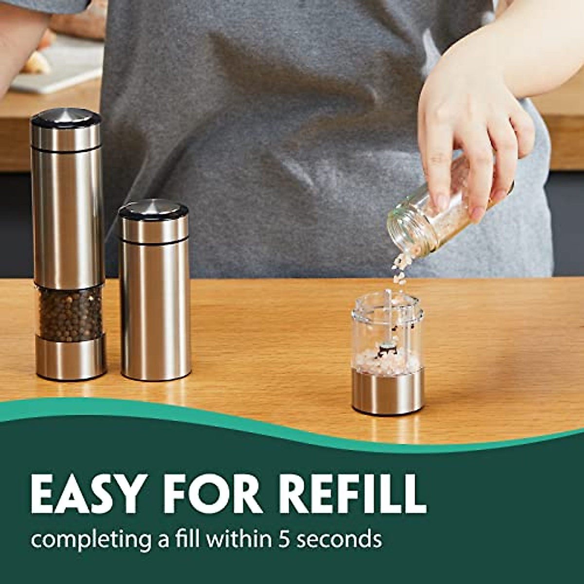 Electric Salt and Pepper Grinder Set - Kitexpert Battery Operated Pepper Mill with Light - One Handed Operation with Large Button - Up to 5 Adjustable Grinding Levels