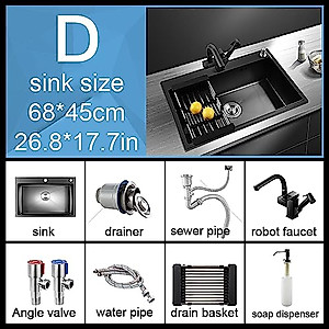 Kitchen Single Bowl Household Sink, Integrated Sink with Pull-Out Tap, Telescopic Drain Basket (Color : D, Size : 68 * 45cm)