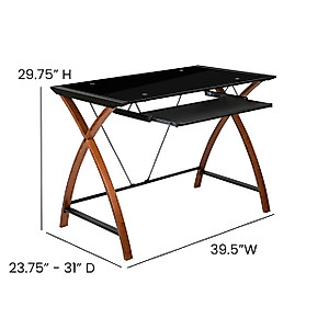 EMMA + OLIVER Black Glass Computer Desk with Pull-Out Keyboard Tray and Crisscross Frame
