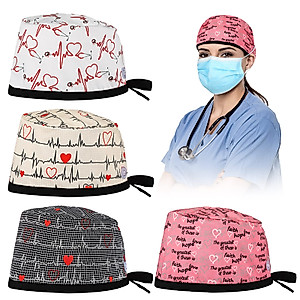 4 Pcs Valentine Heart Theme Adjustable Working Cap with Button Bouffant Hats Elastic Surgical Caps for Women Men Nurse Hat Scrub Hats for Long Hair Covers Nursing Doctor