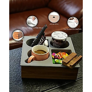 Couch Cup Holder Tray, Hitseon Handy Soft Silicone Acacia Wooden Couch Caddy for Bed Car Seat Beach Organizer, Waterproof Anti-Spill Sofa Cup Holder for Snacks Beverage Remote (White)