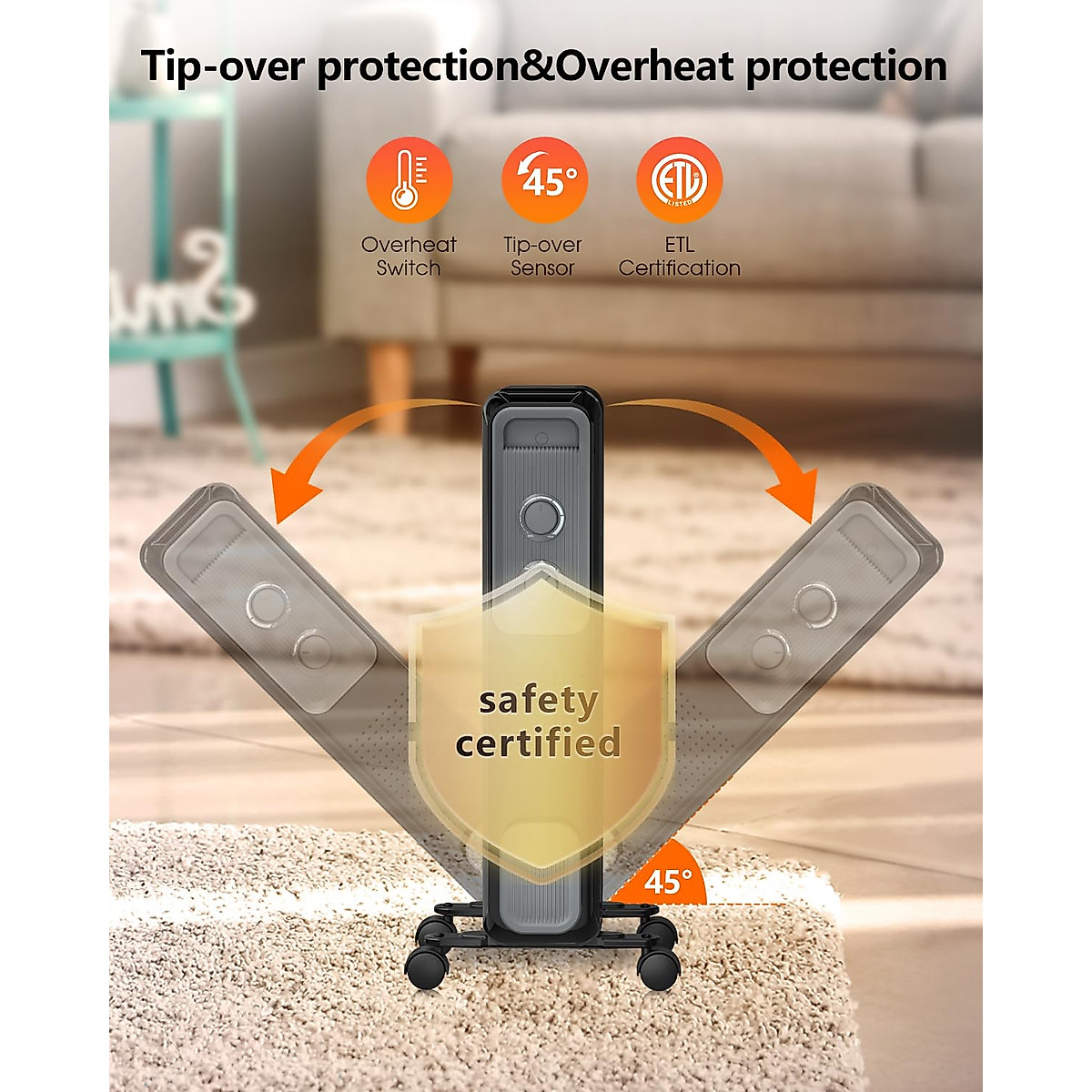 R.W.FLAME Oil Filled Radiator Heater,1200W Electric Space Heaters with 3 Heat Settings,Adjustable Thermostat,Overheat & Tip-Over Protection,Quiet Radiator Heater for Home Office Indoor Use (Black)