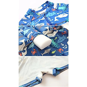 Digirlsor Baby Toddler Girls Boys Float Suit One Piece Rashguard Cartoon Short Sleeve Zip up Buoyancy Swimsuit +Cap Blue, 1-2T