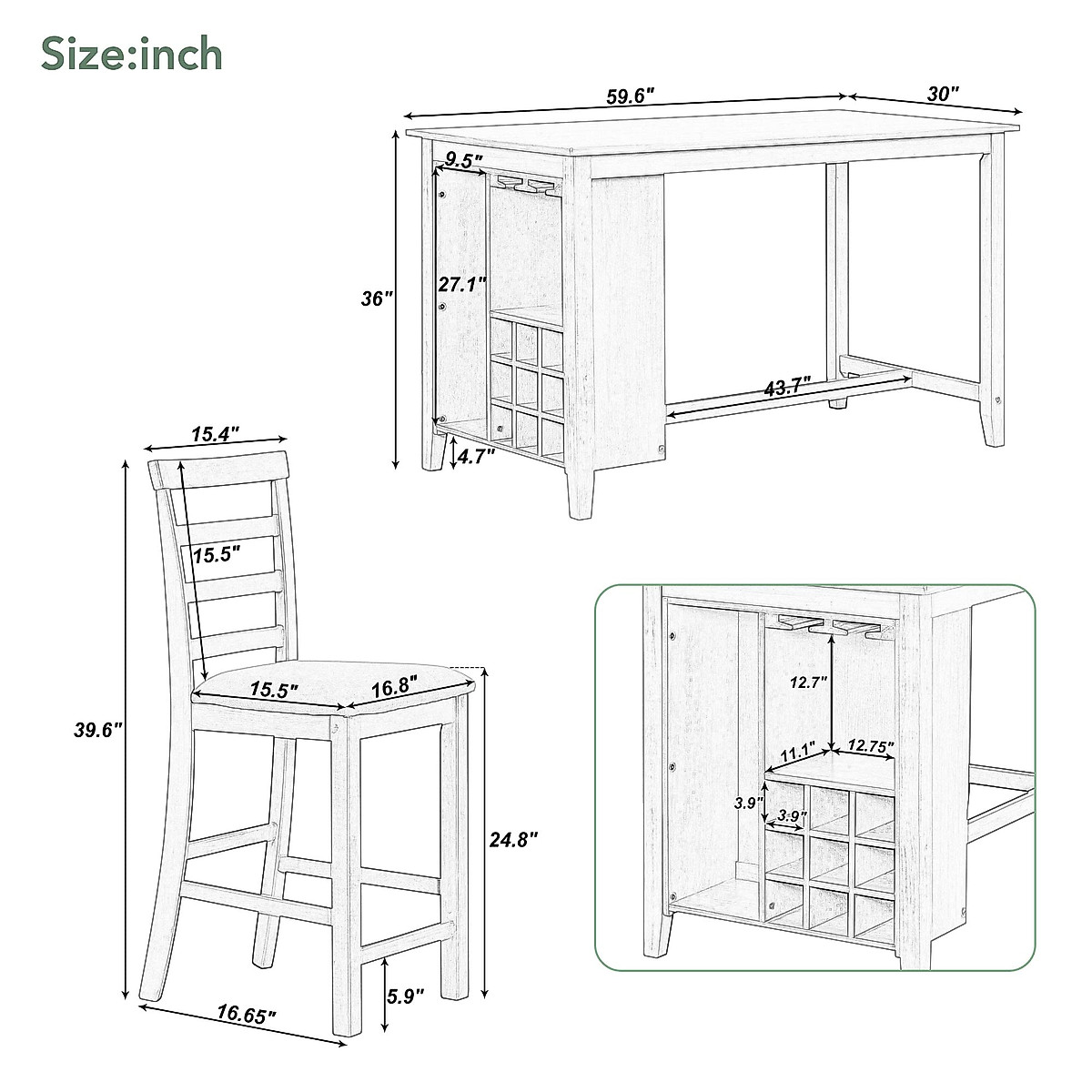 BIADNBZ 5-Piece Counter Height Dining Table Set for 4, Multi-Functional Rubber Wood Kitchen Furniture with Padded Chairs, Integrated 9 Bar Wine Compartment&Wineglass Holders, Gray