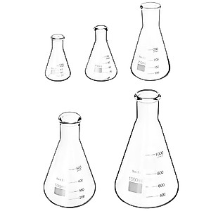 QWORK Erlenmeyer Flask Set - 50ml, 150ml, 250ml, 500ml & 1000ml - Narrow Neck, Clear Graduations - - Borosilicate 3.3 Glass - Ideal for Professional Lab Use
