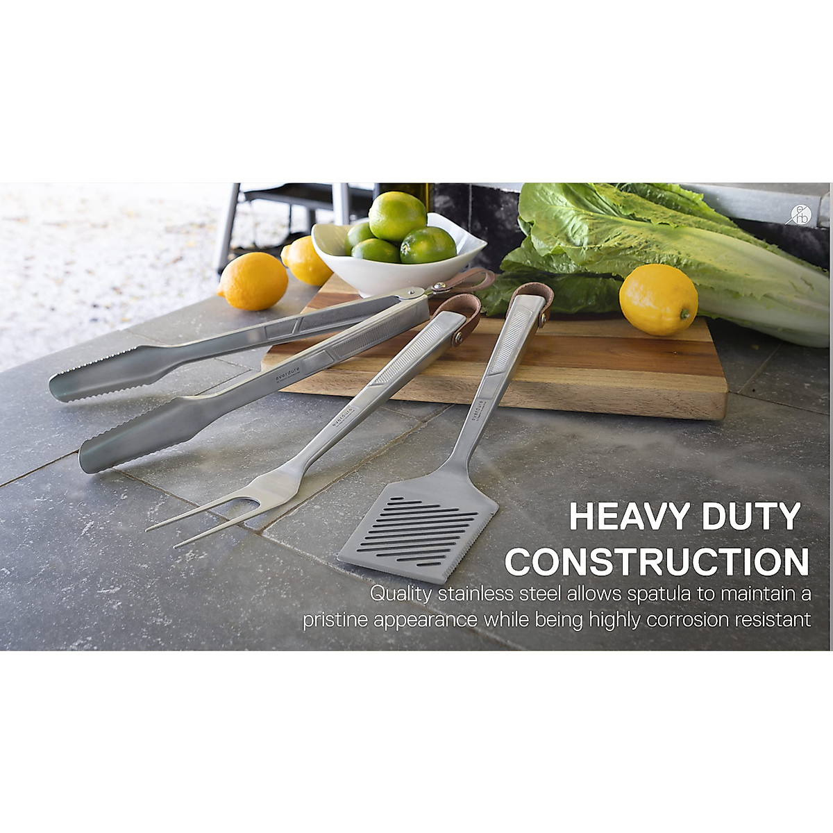 Everdure BBQ Tool Kit - 3 Pack, Brushed Stainless Steel Tongs, Spatula and Fork with Soft Grip Handles and Leather Straps, Barbeque Grill Accessories and Cooking Utensils Set