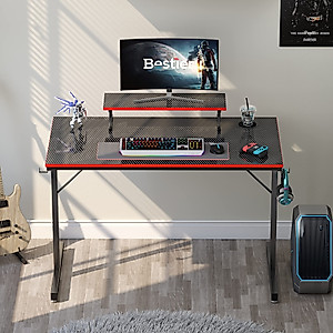 Bestier Gaming Desk with LED Lights 44" Small Computer Desk for Home Office Table with Cup Holder and 2 Headphone Hooks, Black
