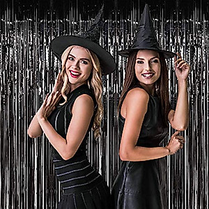 Muhome Black Foil Fringe Curtain, 2PCS 3.28FT x 8.2FT Tinsel Door Curtains & 1 Masking Tape Black Fringe Backdrop for Wedding Birthday Baby Shower Bachelorette Party Decorations