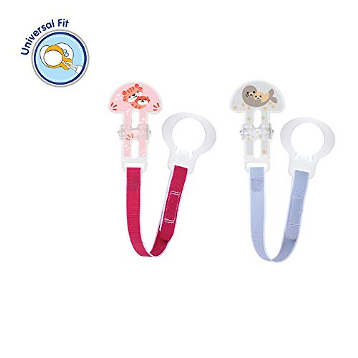 MAM Pacifier Clips for Baby Girls with Fasteners and Flexible Rings, Designs May Vary, 2 Count