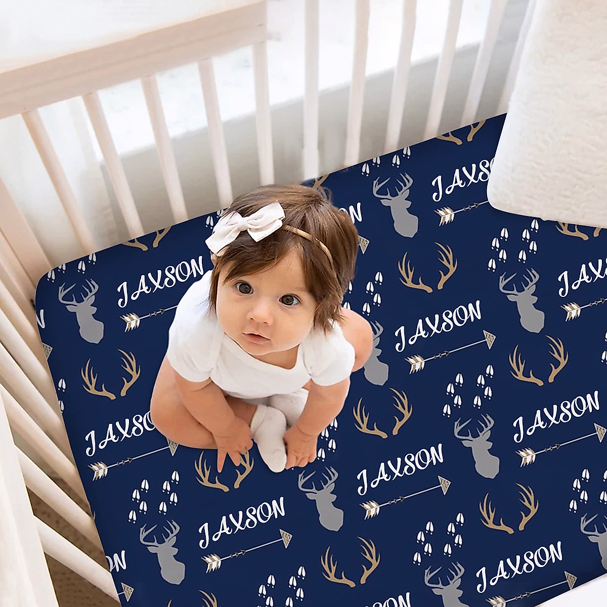 Munific Deer and Arrow Baby Crib Sheets, Personalized Antlers Blue Fitted Crib Bedding Sheets with Name, Custom Crib Mattress Sheets for Baby Boys Girls, Pack and Play Sheets, Name Crib Sheets