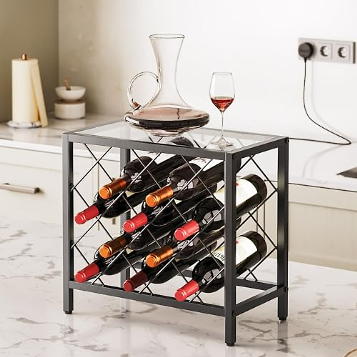 HOOBRO Wine Rack Countertop, 10-Bottle Wine Storage Rack, Freestanding Modern Glass Metal Small Wine Rack, Tabletop Wine Holder Stand for Bar, Dining Room, Kitchen, Black BK11JJ01