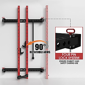 Mikolo 2" x 2" Folding Wall Mounted Squat Rack, 1000 Pounds Capacity Power Rack with Pull Up Bar, J Hooks, Landmine and Other Attachments, Space-Saving Home Gym(Red