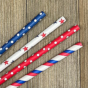 Red White and Blue Paper Straws - 4th of July Patriotic Party Supply - Stripes Stars Polka Dots - 100 Pack Outside the Box Papers Brand