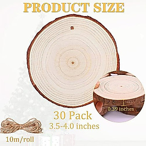 Unfinished Wood Slices, 30Pcs 3.5-4 inch Craft Wood Rounds kit Circles Crafts Christmas Ornaments DIY Crafts with Bark for Crafts Rustic Wedding Decoration