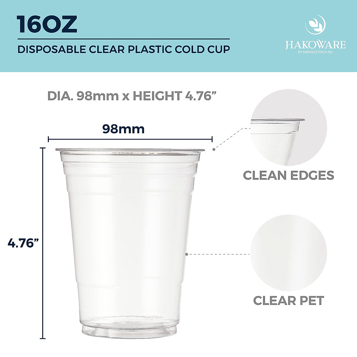 [200 COUNT]HAKOWARE by Harvest Pack 16 oz Ultra Clear Plastic Cold Cups, Disposable Wedding Party Drinking Cups Tumblers, Iced Coffee Beer Juice Cold Beverage