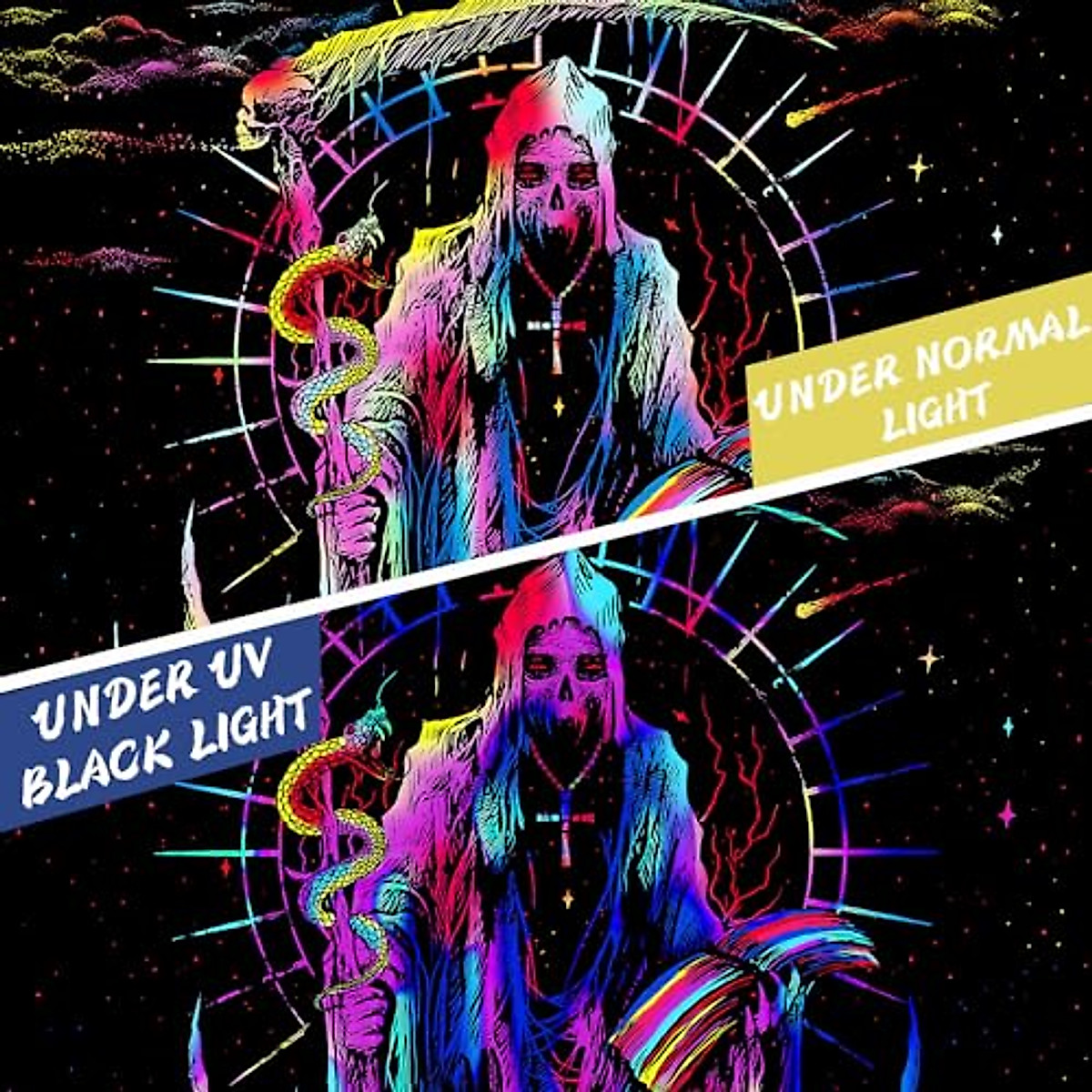 Blacklight Skull Tapestry for Bedroom, Hippie Grim Reaper and Skeleton Posters Wall Hanging for Men Room Decor, Large Black Light Cool Gothic Tapestries for Men Living Room Dorm Decor (60in x 79in)