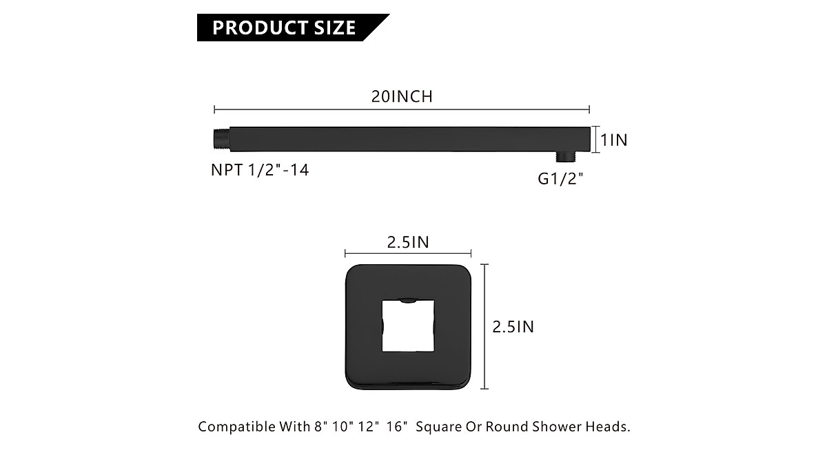 Voolan 20“ Square Shower Arm with Flange and Teflon Tape, Extension ...