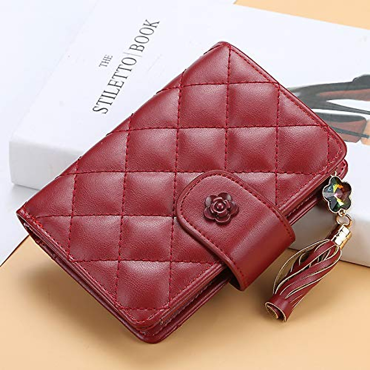 Women Bifold Leather Wallet Nlocking Ladies With Card Holder Window Coin Purse (Red)