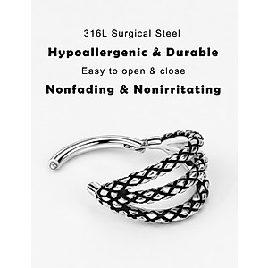 16G 8mm Silver Nose Rings Lip Septum Clicker Triple Open Stack Conch Daith Piercing Jewelry Snake Skin Cartilage Earring Hoop 316L Surgical Steel Conch Daith Helix Rook Lobe Earring Black Hoop Earring