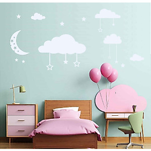 Clouds Moon and Stars Vinyl Wall Stickers Home Decor for Kids Room Baby Nursery Decals Mural AD05 (White)