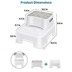 HEETA 2 Step Stool for Kids and Toddler, Anti-Slip Sturdy Step Stool for Potty Training or Kitchen Helper Stool, 2 in 1 Step Dual Height to Reach Kitchen Counter Bed or Sink, Grey & White