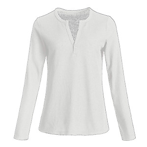Famulily Women's Waffle Knit Long Sleeve Shirt Loose V Neck Thermal Tops and Bloue White Large