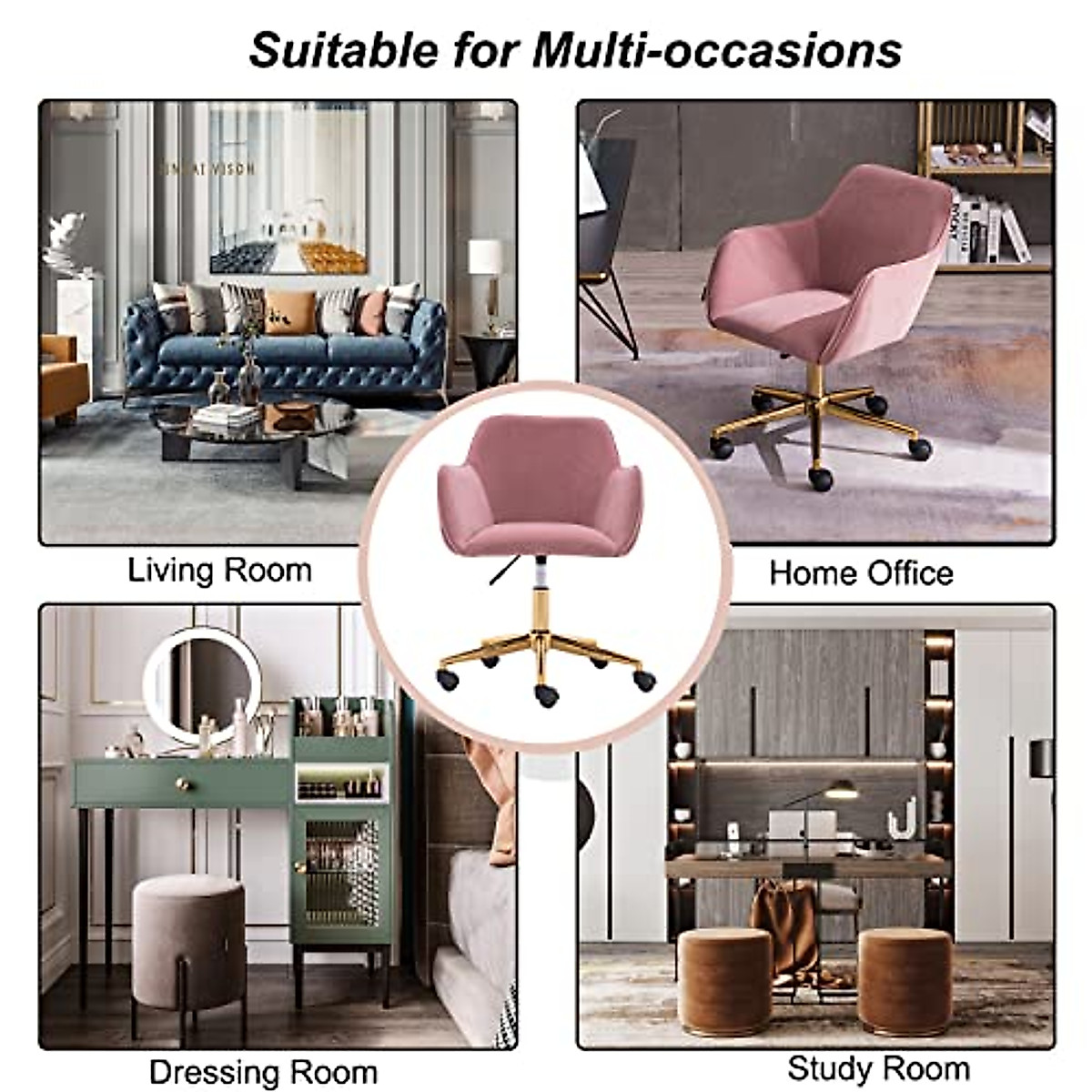 Yoluckea Modern Velvet Swivel Office Chair, Adjustable Height, Ergonomic Design, Cute Desk Chair for Home Office, Pink