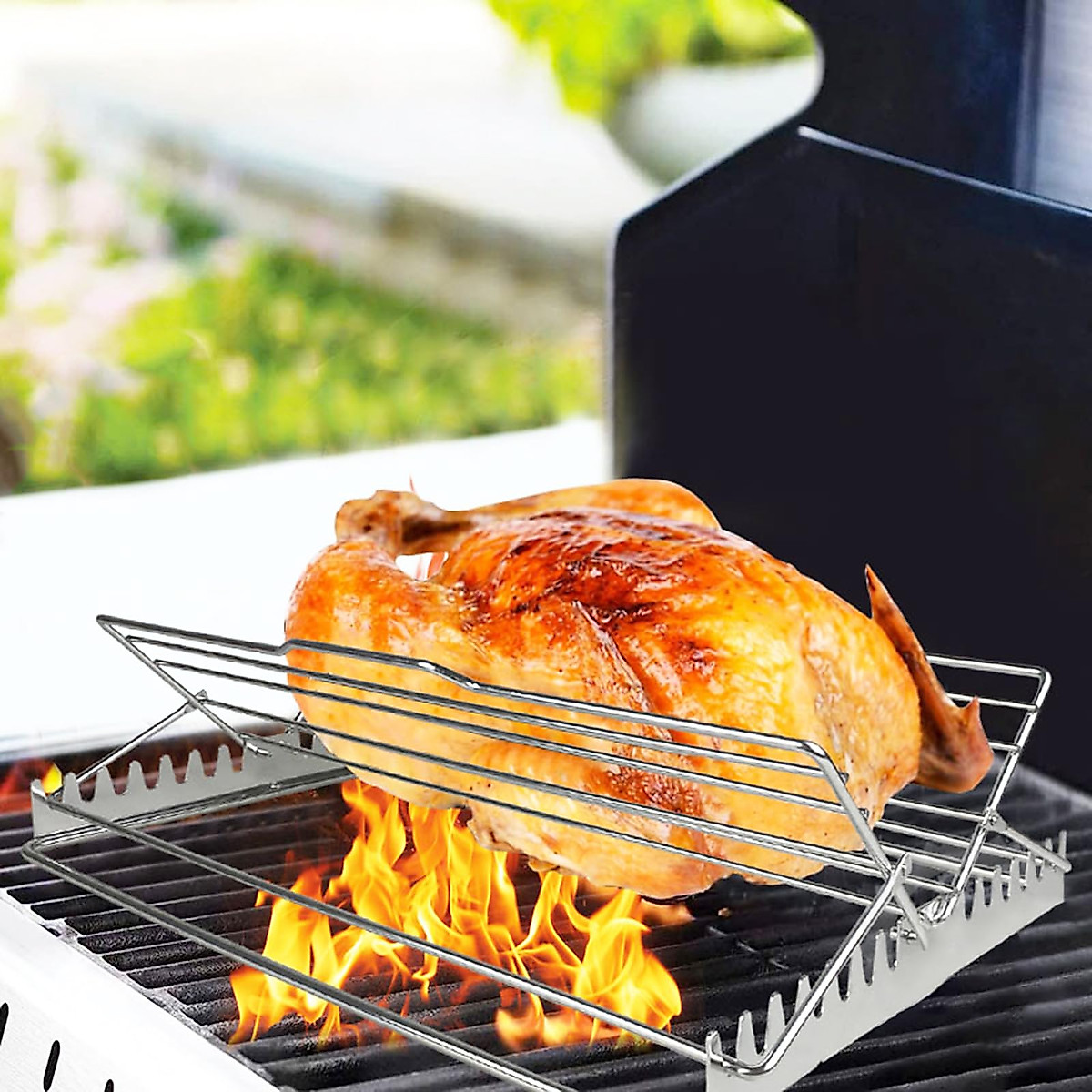 Worparsen Kitchen Chicken Roasting Rack Foldable Roasting Rack Stainless Steel Adjustable Chicken Roasting Rack Foldable V-Shaped Stand for Turkey Chicken Silver
