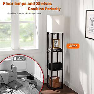 YAMEIWAN Floor Lamp with Shelves, Shelf Floor Lamps for Living Room with 3CCT LED Bulb, Modern Corner Square Display Standing Lamp with 4-Tier Tall Bookshelf Lamp for Bedroom Office