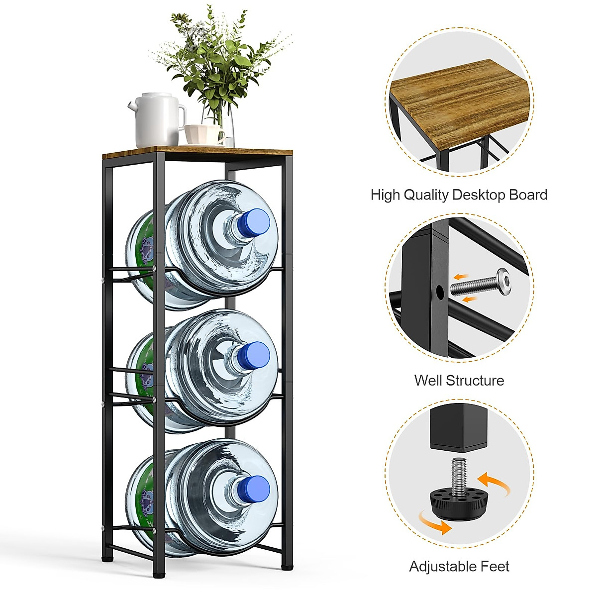 DIRZA 5 Gallon Water Jug Holder with Top Shelf, 3 Tier Water Bottle Holder,Heavy Duty Water Storage Rack for Water Cooler Jug,Water Jug Stand Organizer for Home Kitchen Office Brown