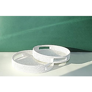 SIMPLY FABULOUS Round White Rattan Serving Tray with Handles, 11.8 inch, Hand Woven in a Durable Stunning Design, A Great Serving Basket for Food or Drinks