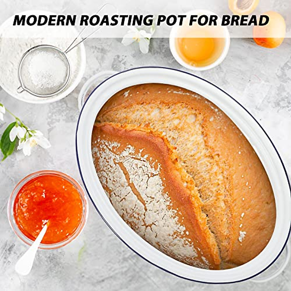 Webake Enameled Roasting Pan with Lid, Covered Roaster Pan Oval Pot Enamelware Cookware, 15.5 Inch, Vintage Farmhouse White