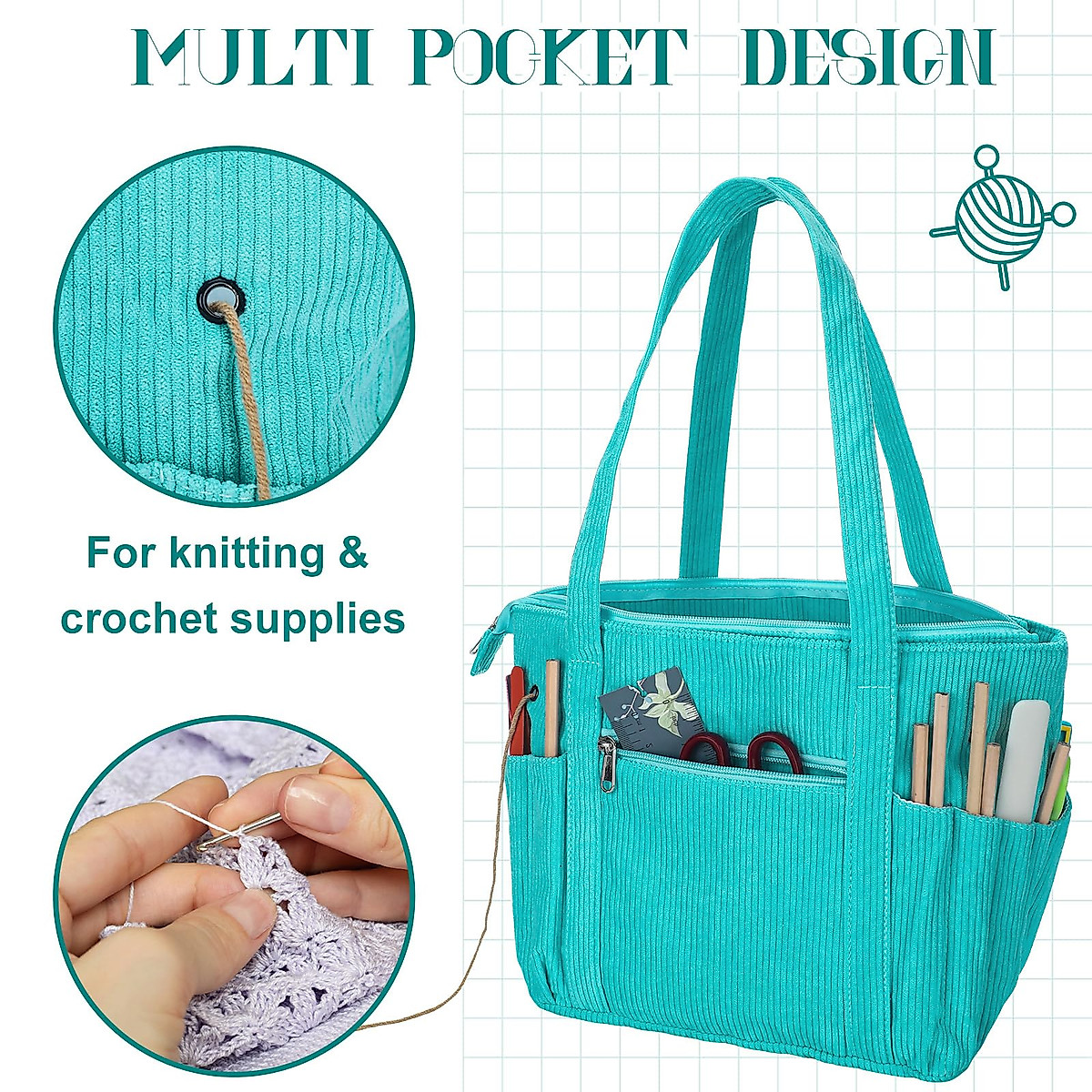 Cosblank Crochet Bag Tote Yarn Knitting Bag Corduroy Teal Yarn Storage Organizer for Crocheting Project Skein Knitting Needles Crochet Hooks Accessories