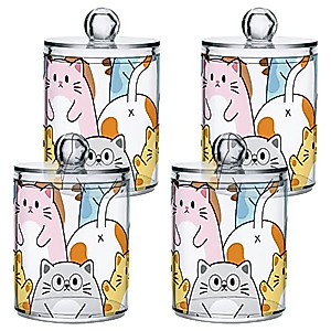 MNSRUU 2 Pack Qtip Holder Organizer Dispenser Cute Cats Happy Kitten Bathroom Storage Canister Cotton Ball Holder Bathroom Containers for Cotton Swabs/Pads/Floss