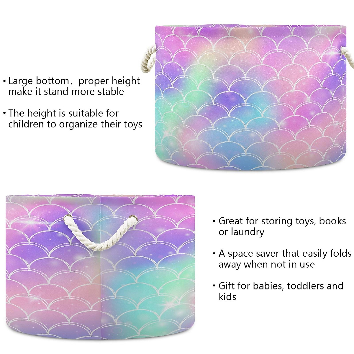 MNSRUU Storage Basket 20"x14" Multicolor Mermaid Scales Collapsible Organizer Basket with Handles, Fabric Nursery Laundry Basket Large Capacity