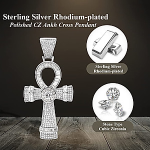 Auriga Fine Jewelry 925 Sterling Silver Rhodium-plated Cubic Zirconia Ankh Cross Pendant Fine Jewelry for Women (L-54.13 mm, W-26.4 mm)