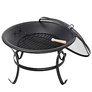 F2C 22" Fire Pit Outdoor Wood Burning BBQ Grill Steel Firepit with Mesh Spark Screen Cover Lid Log Grate Fire Poker for Patio Backyard Garden Camping Traveling Picnic Bonfire