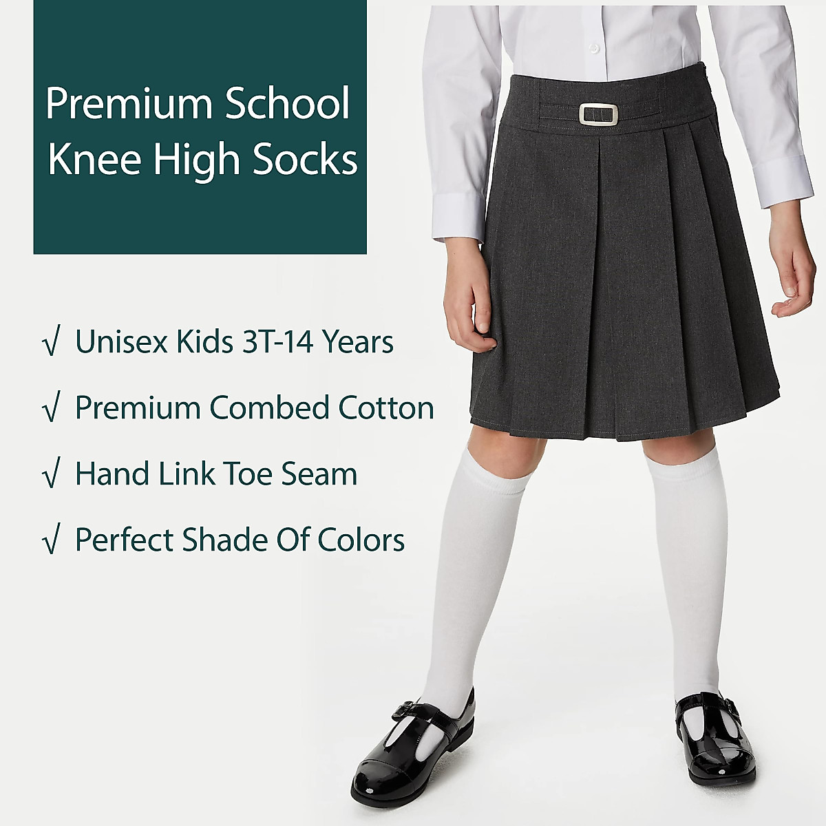 COTTON DAY 3 Pack Kids Girls Soft Knee High School Uniform Dress Socks Seamless Toe 4-6 Years White S (6)