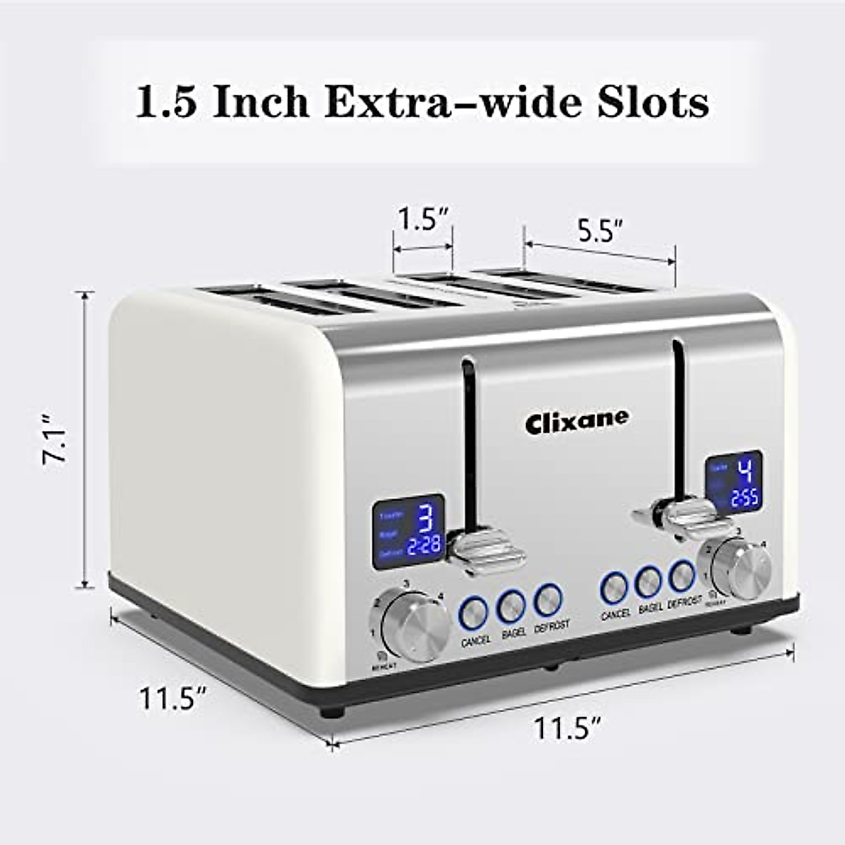 Toaster 4 Slice,1.5"Extra Wide Slot Stainless Toaster with Bagel Defrost Cancel Function, Dual Screen, Removal Crumb Tray (White)