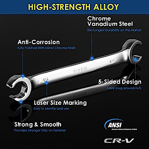 YIYEIE Flare Nut Wrench Set, Metric 5-Piece, Brake Line Wrench Set 9, 10, 11, 12, 13, 14, 15, 17, 19, 21 mm, CR-V Steel, with Roll-up Pouch