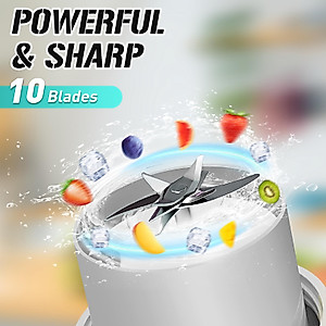Portable Blender, personal Blender For Shakes and Smoothies, Personal Blender USB Rechargeable, Fresh Juice Blender With 10 Blades White