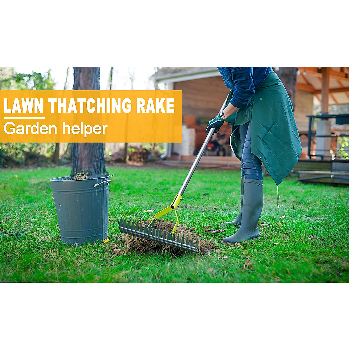 BARAYSTUS Thatch Rake, 15-Inch Wide Lawn Thatching Rake for Cleaning Dead Grass, Efficient Steel Metal Lawn Grass Rake with Stainless Steel Handle, Lawn loosening Soil Rake, 58.5-Inch Length