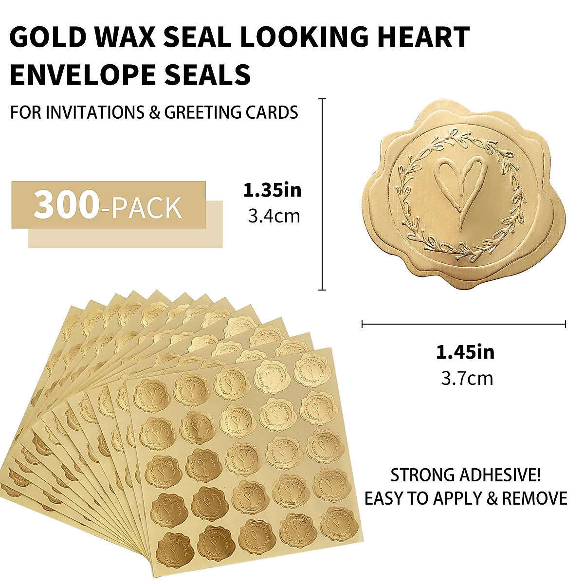 DreamBuilt 300pcs Gold Embossed Wax Seal Looking Heart Envelope Seals for Wedding Invitations / Greeting Cards / Party Favors, Self-Adhesive