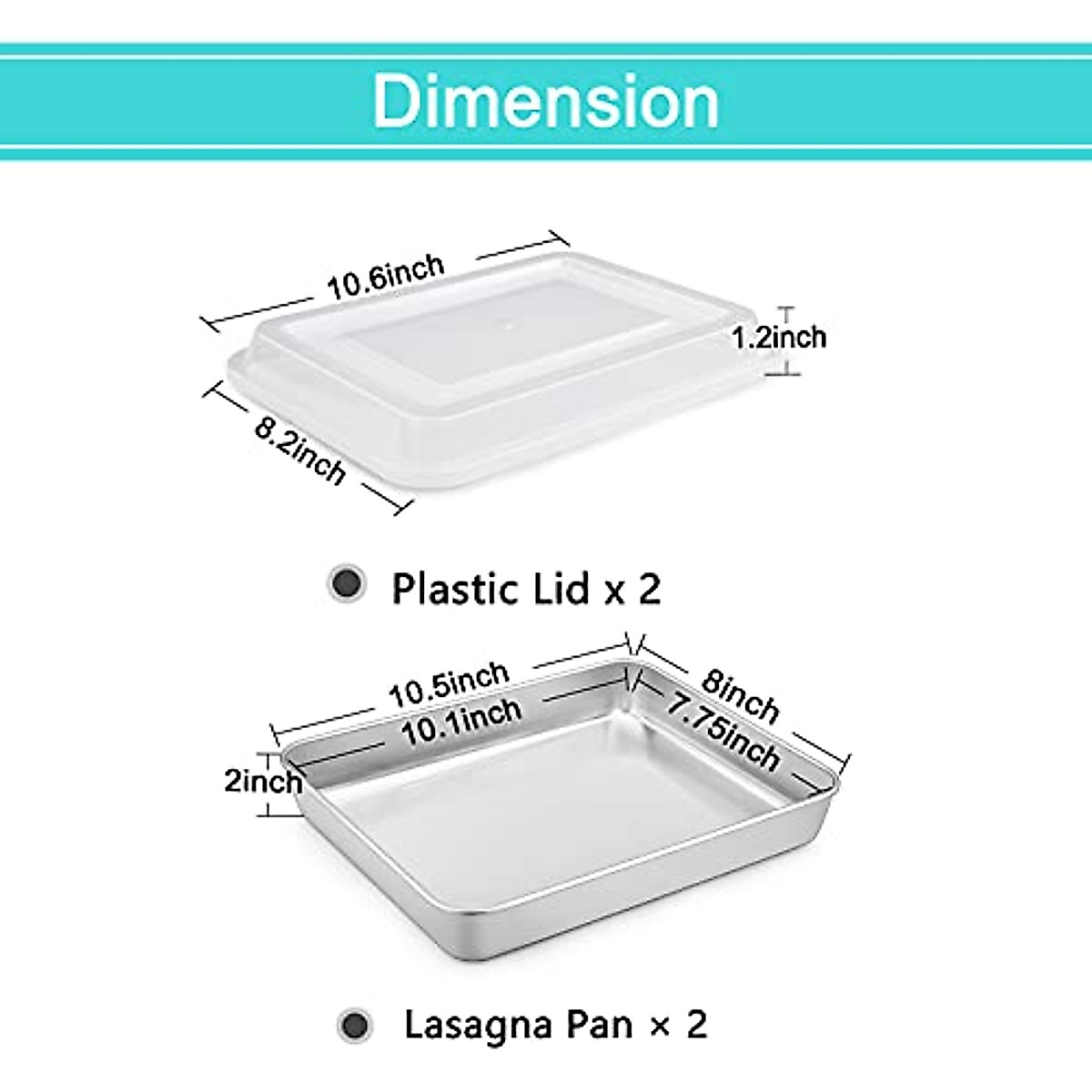 TeamFar Rectangular Cake Pans with Lids, 10.5’’ x 8’’ x 2’’ Stainless Steel Lasagna Brownie Pan For Baking Roasting, Healthy & Durable, Brushed Surface & Dishwasher Safe, (2 Pans+2 Lids)