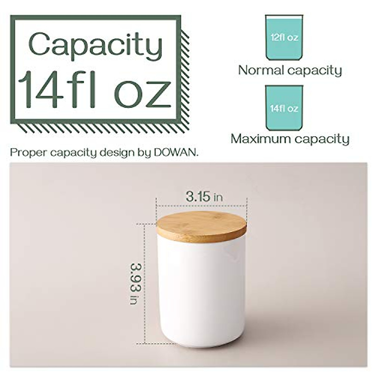 DOWAN White Kitchen Canister, Airtight Food Storage Ceramic Jar with Wooden Lid, 14 FL OZ (400 ML) Portable Canister for Tea, Sugar, Ground Coffee, Spices, 3.15 x 3.93 inches