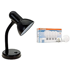 Simple Designs LD1003-BLK Basic Metal Flexible Hose Neck Desk Lamp, Black & Sylvania LED Light Bulb, 60W Equivalent A19, Efficient 8.5W, Medium Base, Frosted Finish, 800 Lumens